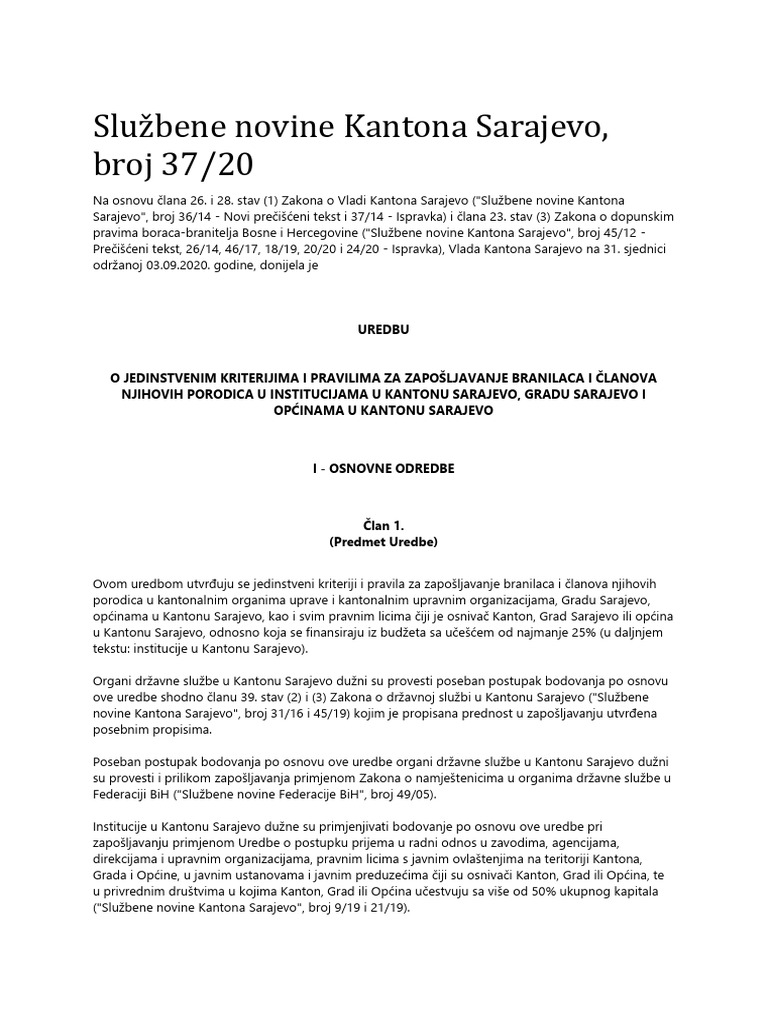 Broj 37/20: Službene Novine Kantona Sarajevo | PDF