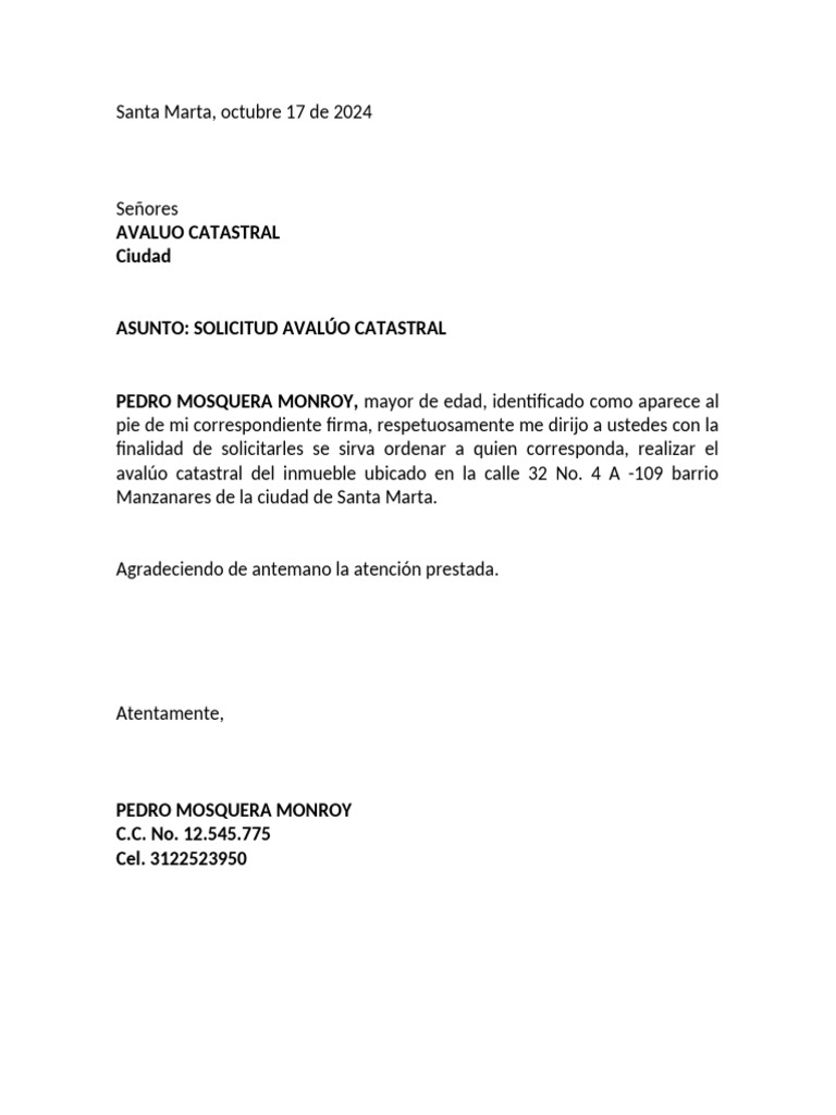 Solicitud Avalúo Catastral Inmueble | PDF