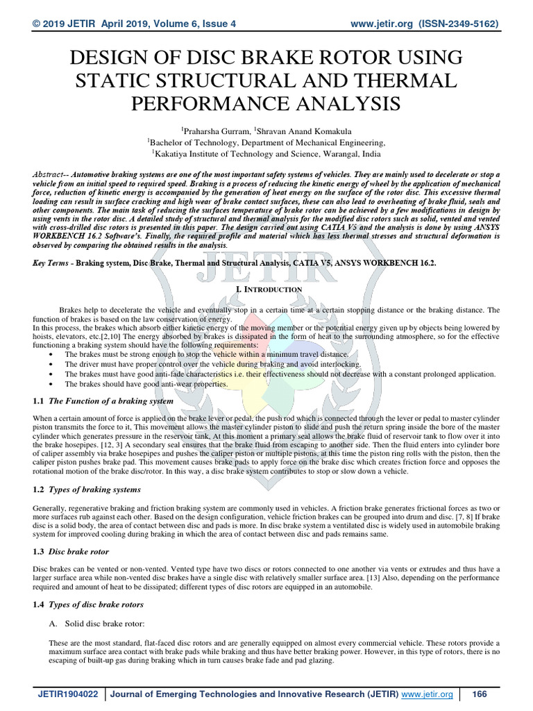Design of Disc Brake Rotor Using Static | PDF | Brake | Friction