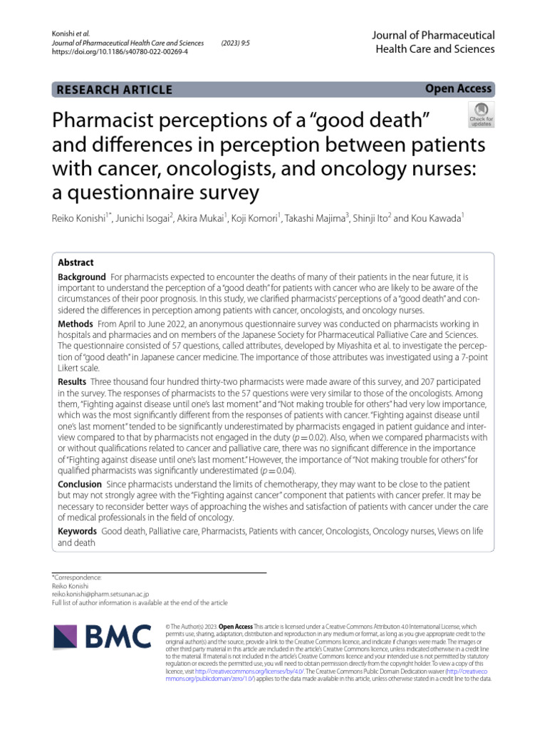 Pharmacist Perceptions of A Good Death and Differences in Perception ...