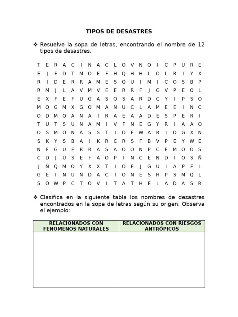 Sopa de letras: 12 desastres naturales | PDF