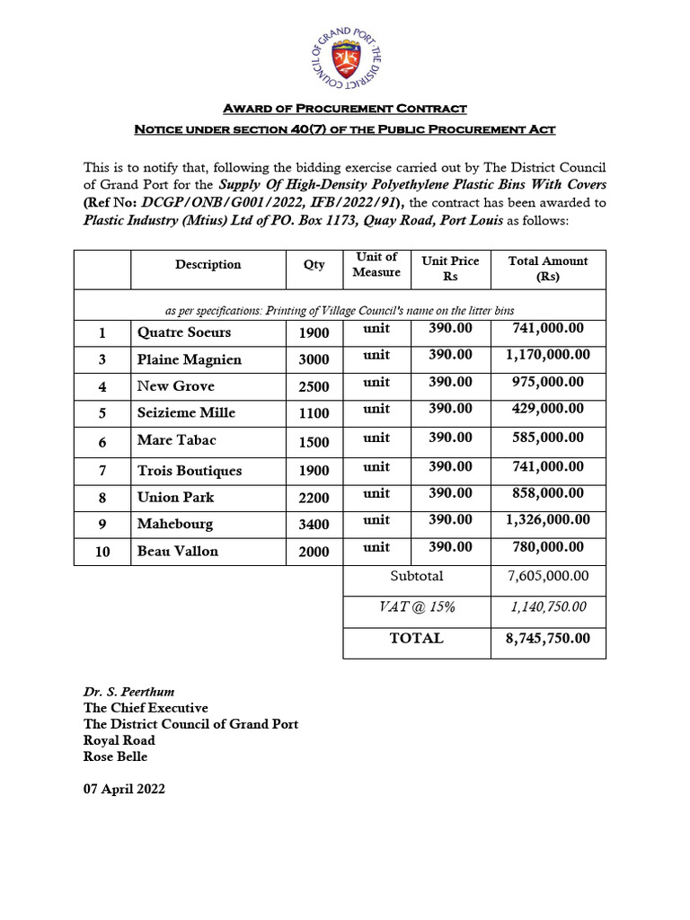 Procurement Contract Award Notice | PDF