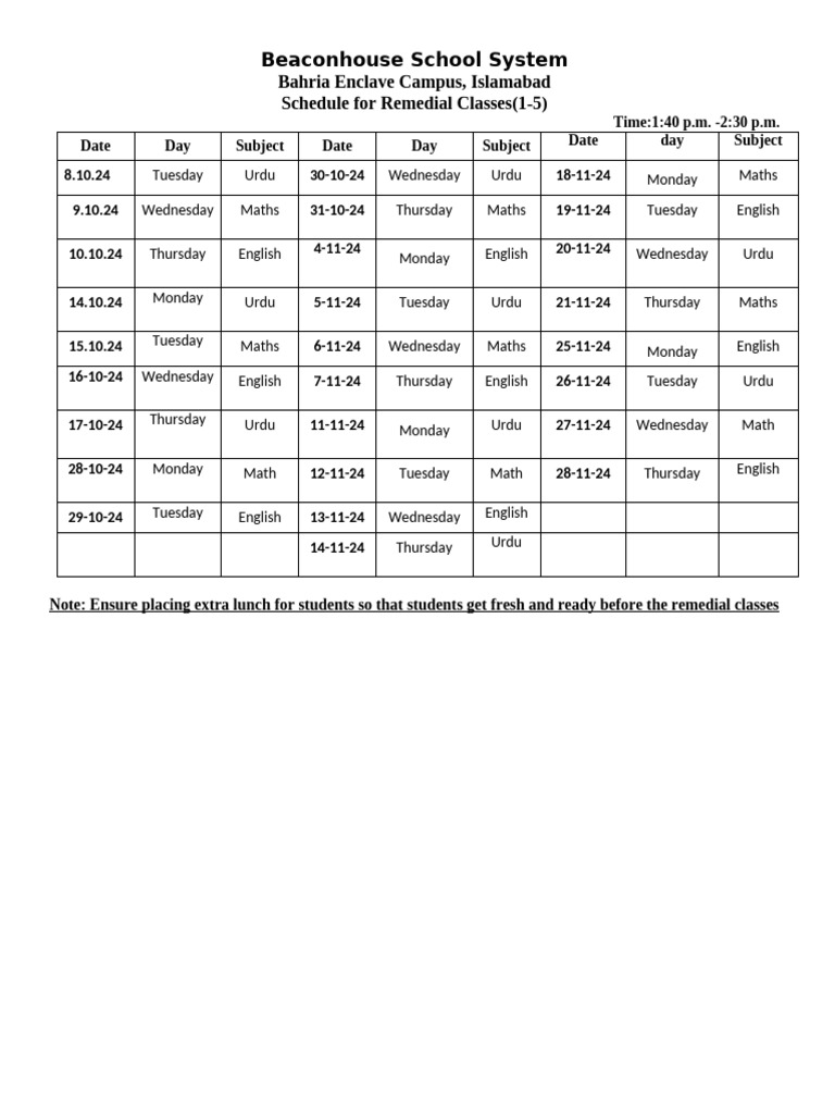 Remedial Classes Schedule 1-5 | PDF