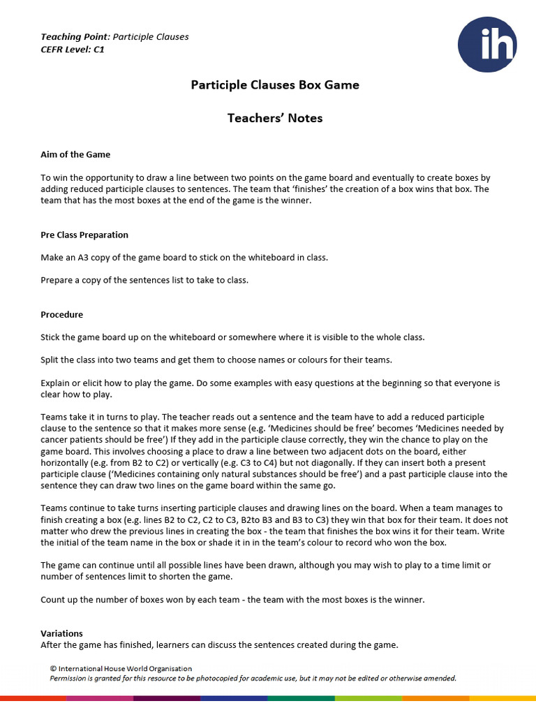 Participle Clauses - Box Game (CEFR C1) | PDF