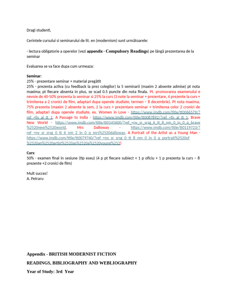 Cerinte C+s Modernism | PDF | Virginia Woolf | Mrs Dalloway