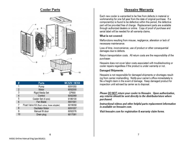 MC92 Cooler Parts & Warranty Guide | PDF