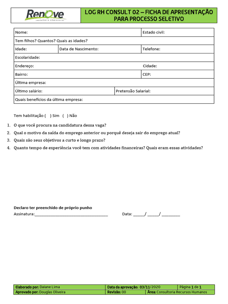 Ficha de Apresentação Para Processo Seletivo- Auxiliar Administrativo ...