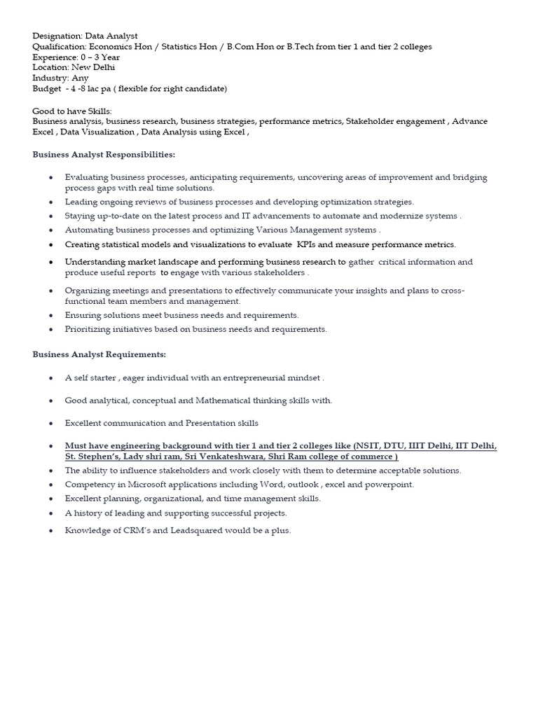 JD - Data Analyst | PDF | Business