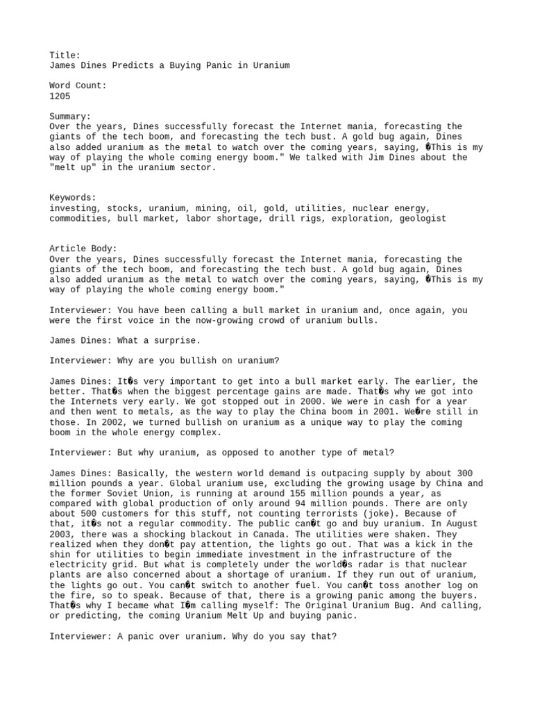 James Dines Predicts A Buying Panic in Uranium | PDF | Uranium ...