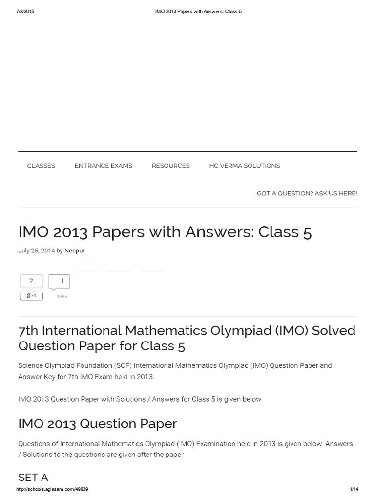 Class 5 - IMO 2013 Papers with Answers_ Class 5 | PDF | Vocational Education | Schools