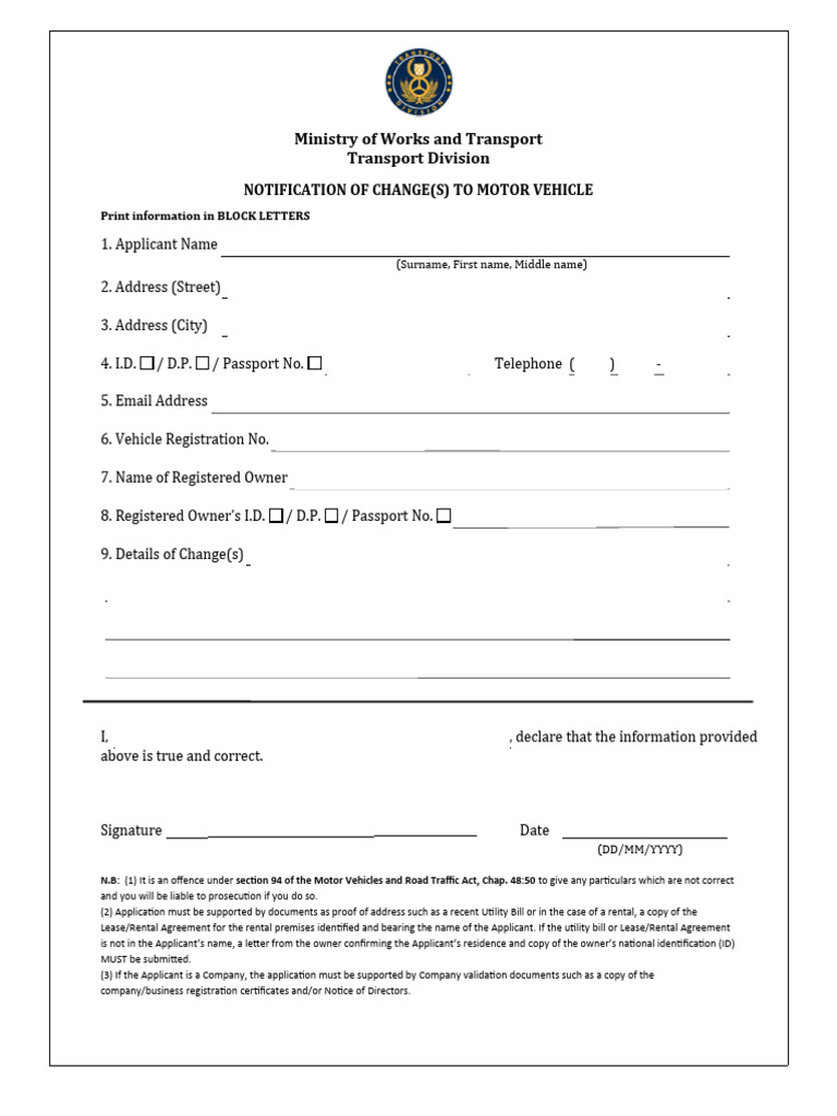 Notification of Change Form for Vehicles | PDF
