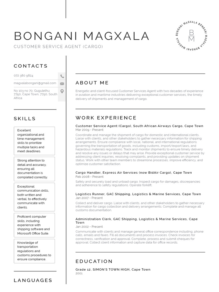 Bongani_Magxala_CV (1) | PDF | Logistics | Cargo