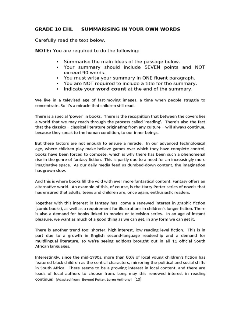 GR11 Ehl Summarising in Your Own Words 05mar202 | PDF | Fantasy | Children's Literature