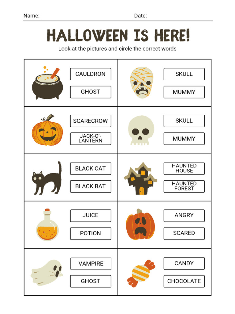 Halloween Vocabulary Worksheet in Colorful Illustrative Style N | PDF