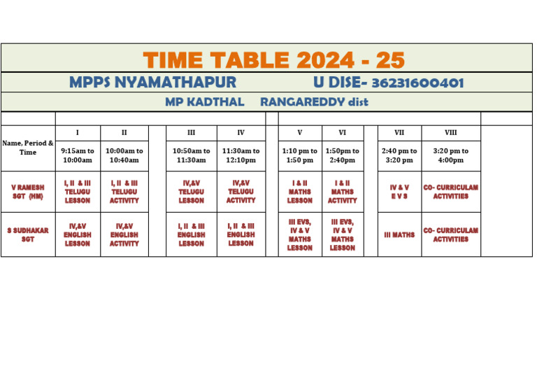 PS Teacher Time Table RAMESH | PDF