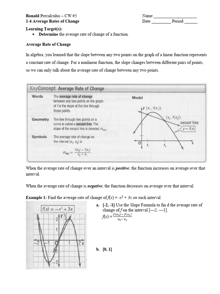 Precal CW #5 1.4 Average Rates of Change | PDF | Teaching Methods ...