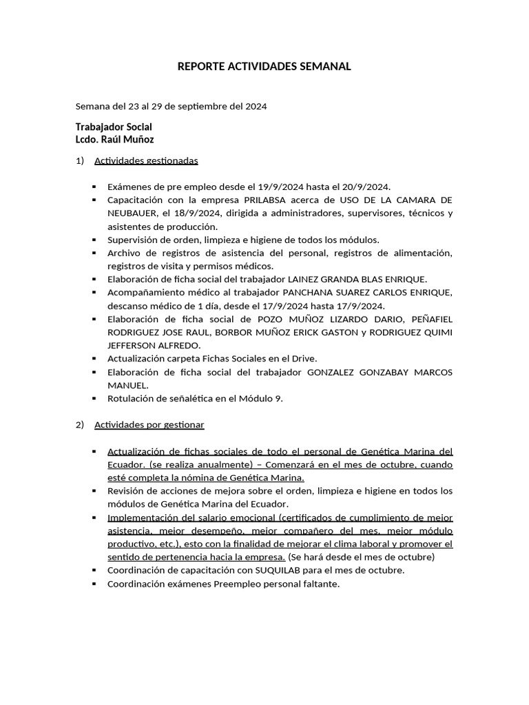 Reporte Actividades Semanal | PDF