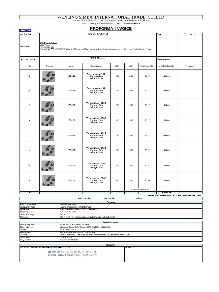 Proforma Invoice from Wenling Simba | PDF