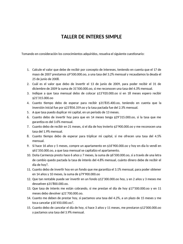 Taller de Interes Simple | PDF