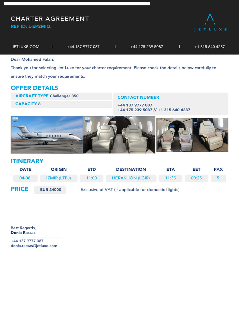 Jet Luxe Aircraft Charter Agreement | PDF | Indemnity | Legal Liability