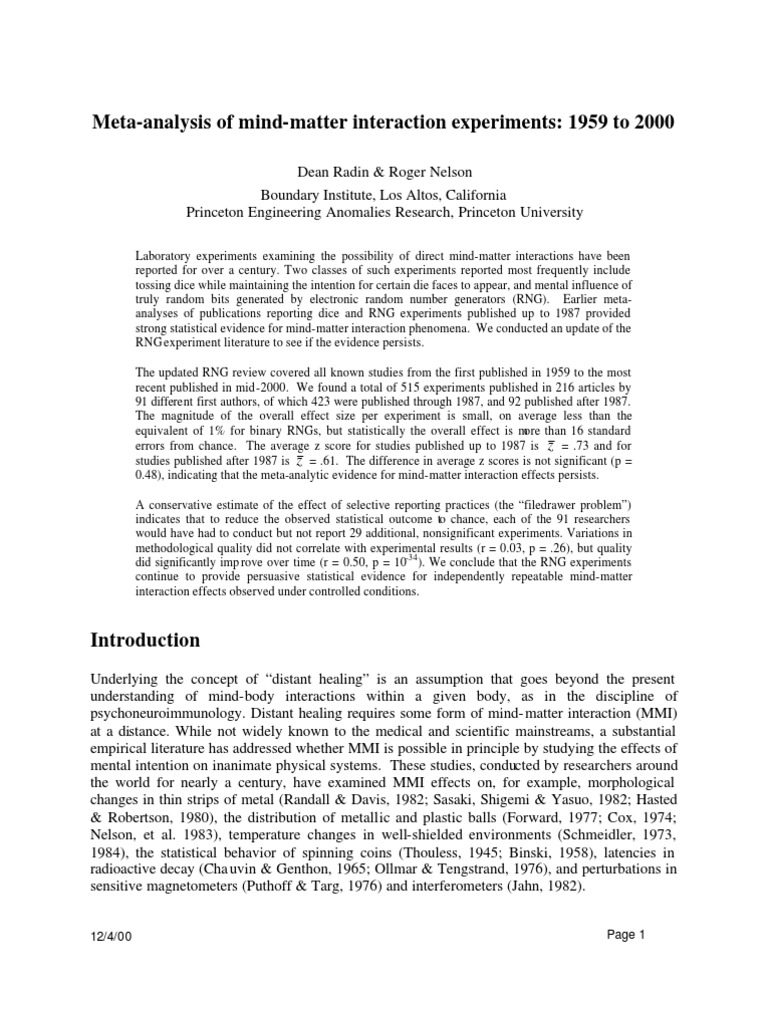Dean Radin & Roger Nelson - Meta-Analysis of Mind-Matter Interaction ...