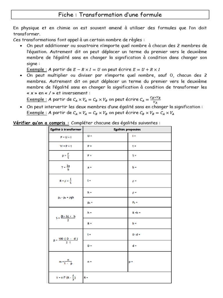 Transformation de Formules en Physique | PDF