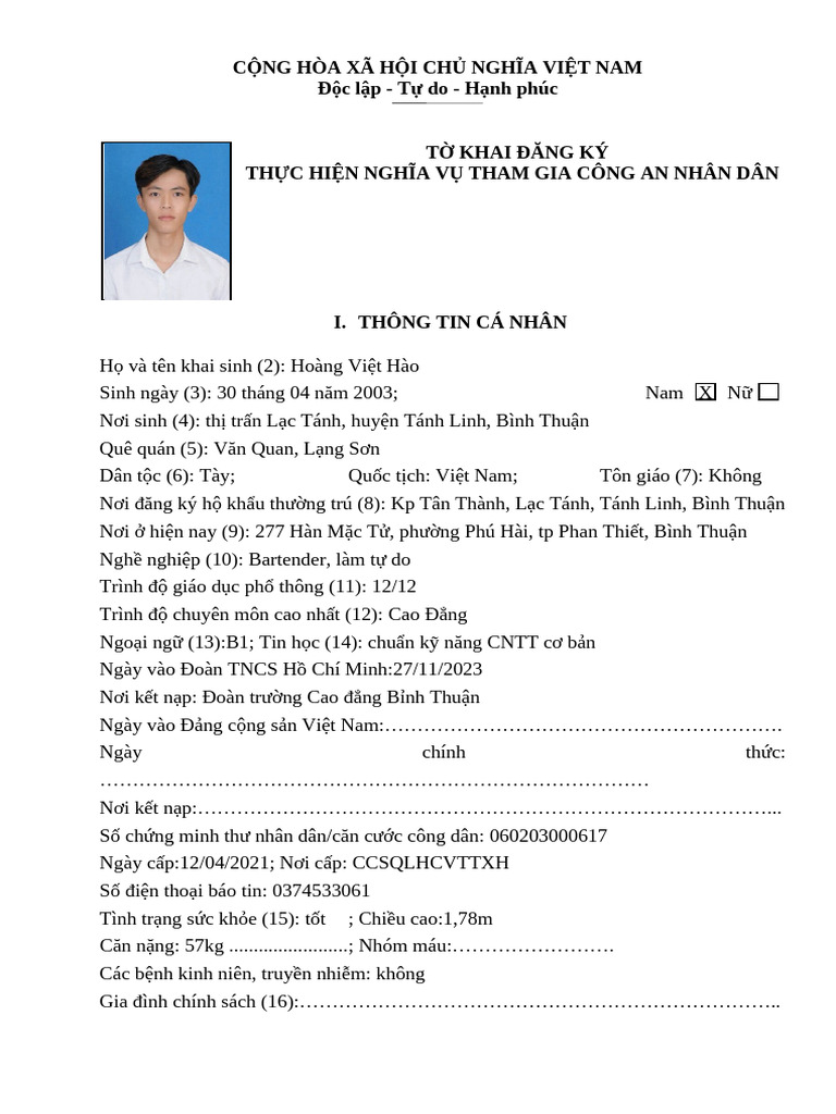 T Khai Đăng Ký NV CAND - Hoang Viet Hao | PDF