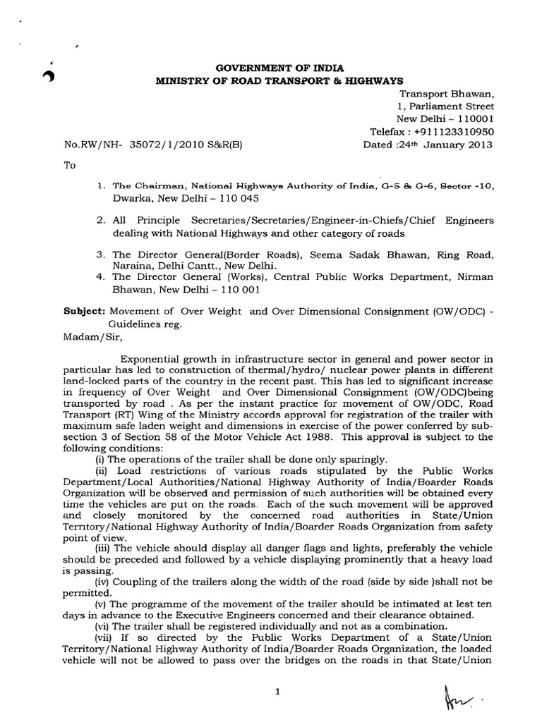 SR-2013.01.24-Movement of Over Weight and Over Dimensional Consignment (OW -ODC)-Guidelines | PDF