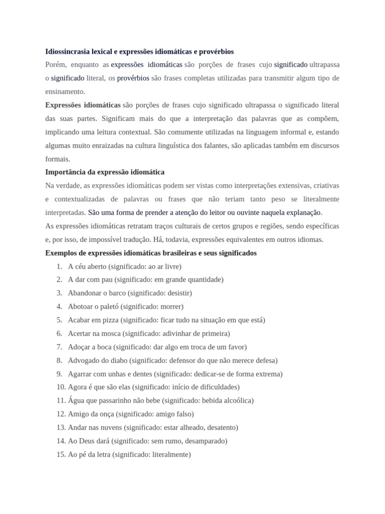 Idiossincrasia, Expressoes Ideomaticas e Proverbios | PDF | Palavra ...