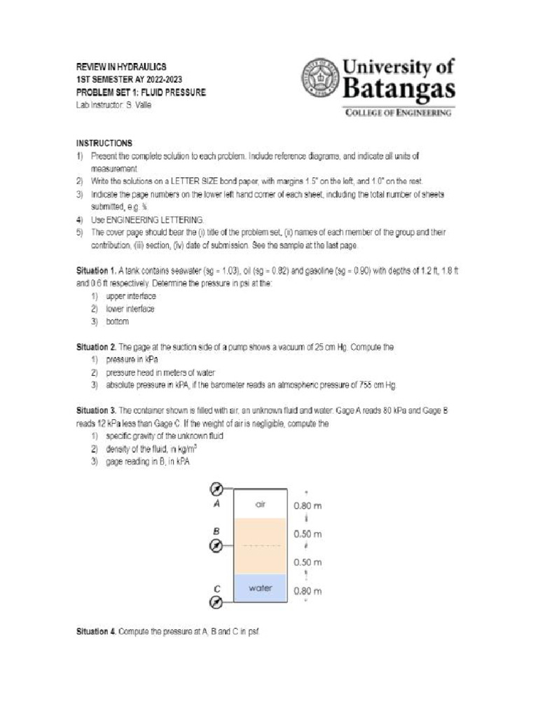 Review - ProbSet - 1 - (Revised) Hydraulics | PDF