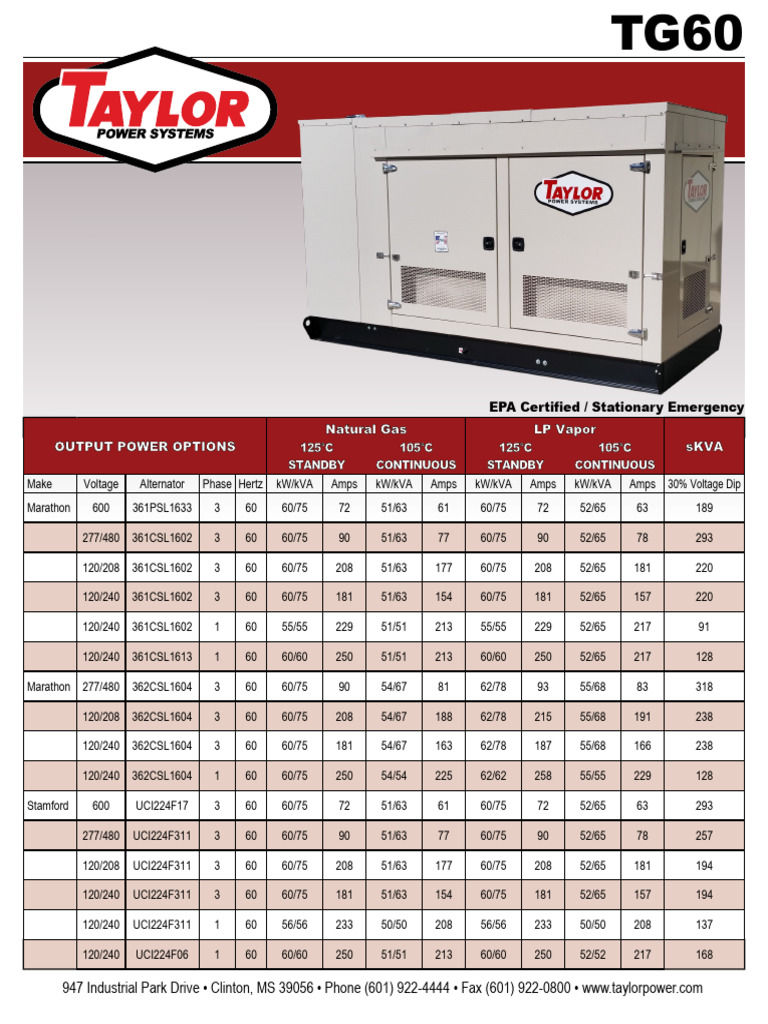 Taylor TG60 60kW Generator | PDF | Engines | Electrical Engineering