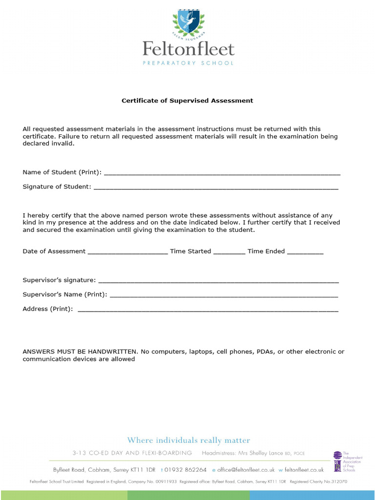 Certificate of Supervised Assessment Form | PDF