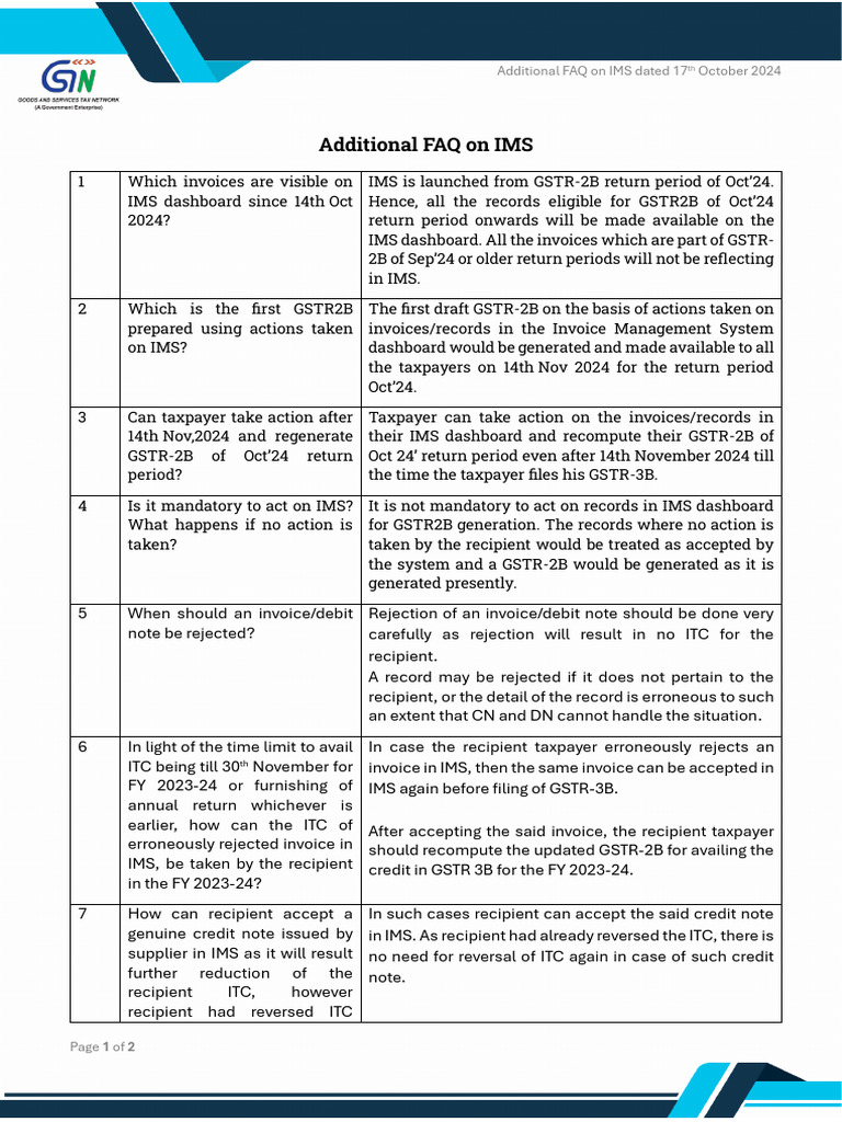 IMS Dashboard: GSTR-2B Actions Explained | PDF | Government Finances ...