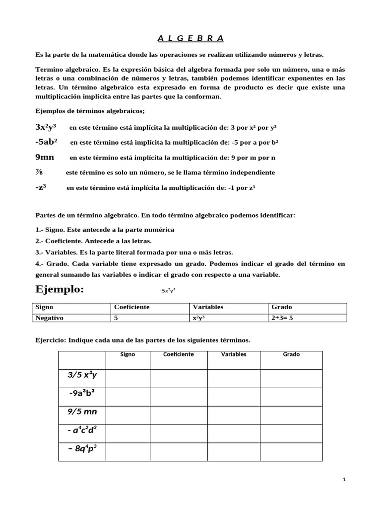 Fundamentos del Álgebra y Términos Algebraicos | PDF | Multiplicación ...