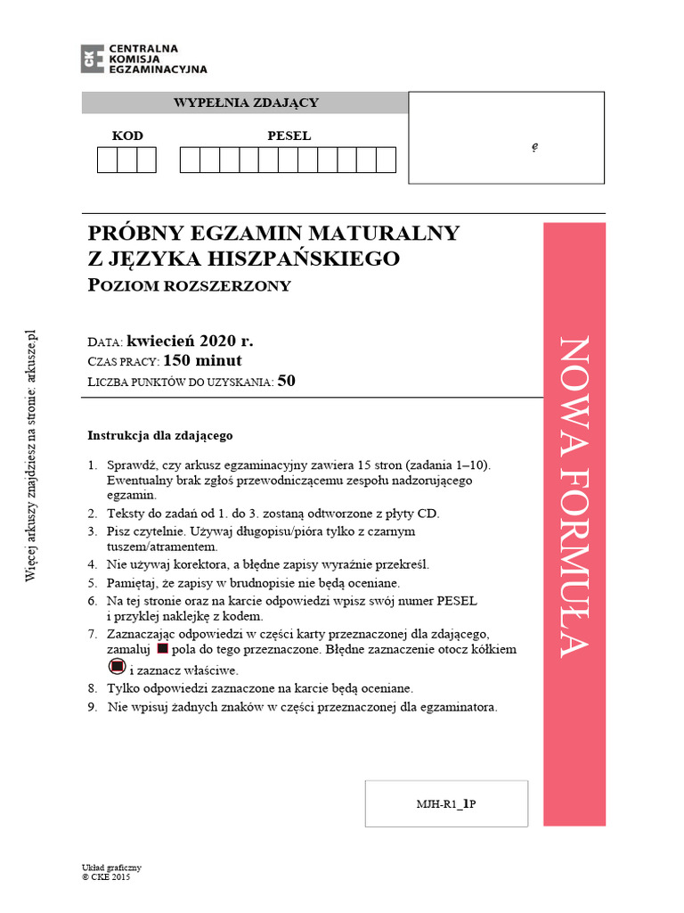 Jezyk Hiszpanski 2020 Kwiecien Probna Rozszerzona | PDF