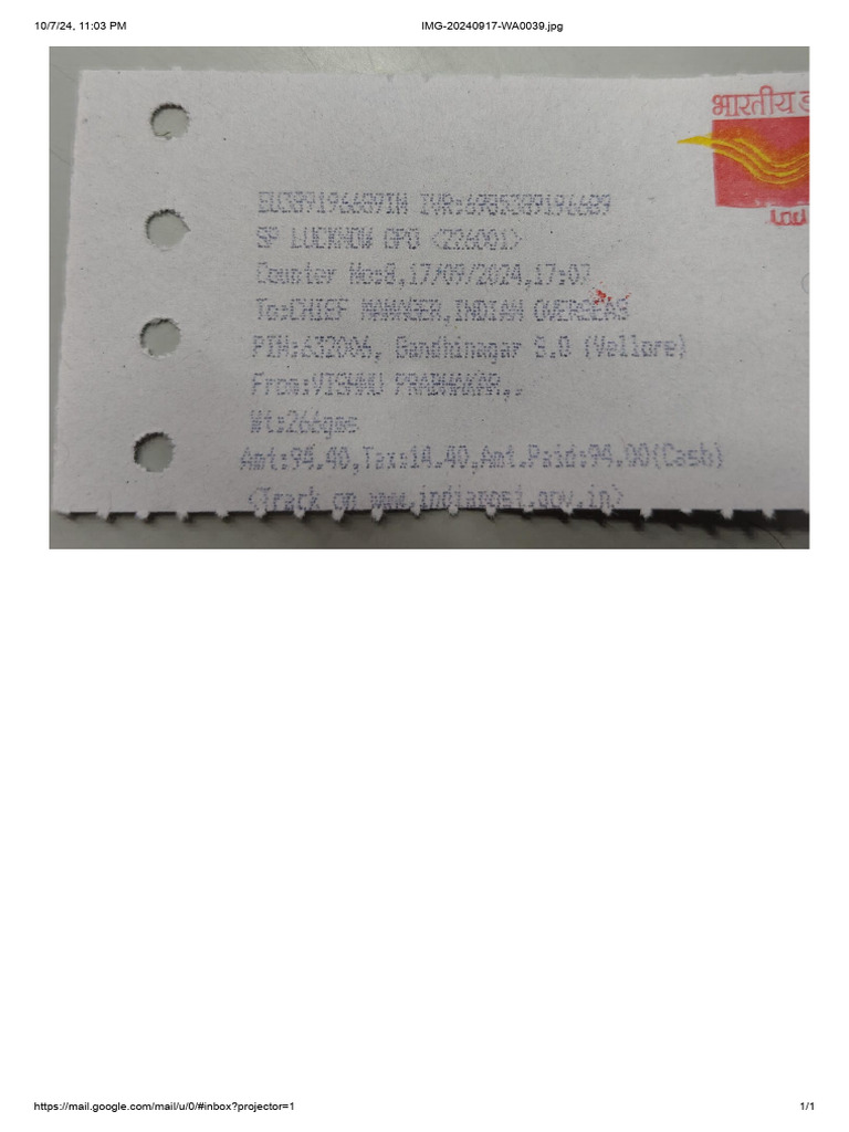 Speed Post Receipt | PDF | Computers | Technology & Engineering