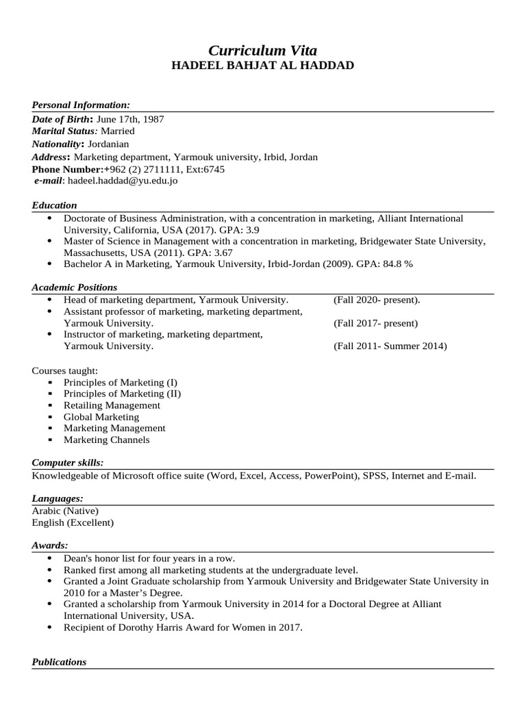 Curriculum Vita: Hadeel Bahjat Al Haddad | PDF