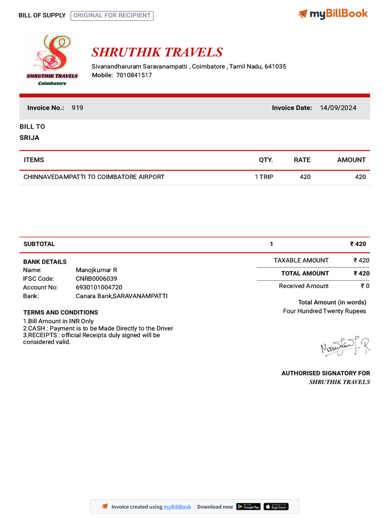Travel Invoice for Srija | PDF
