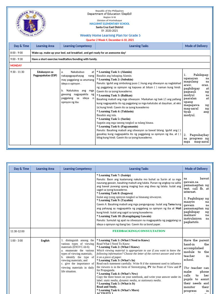 Grade 5 All Subjects WHLP q2 w4 | PDF