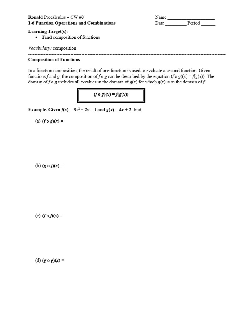 Precal CW #8 1.6 Function Composition | PDF