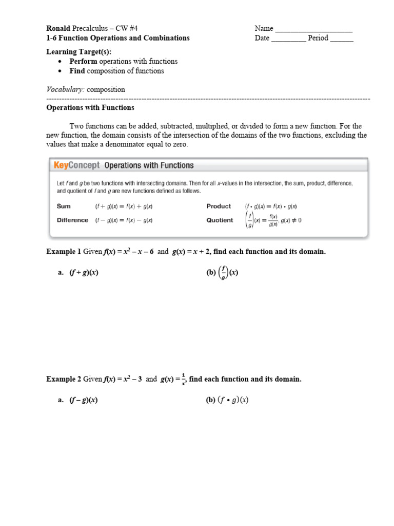 Precal CW #7 1.6 Function Operations and Combinations | PDF | Science ...