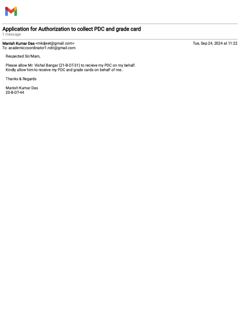 Gmail - Application For Authorization To Collect PDC and Grade Card | PDF