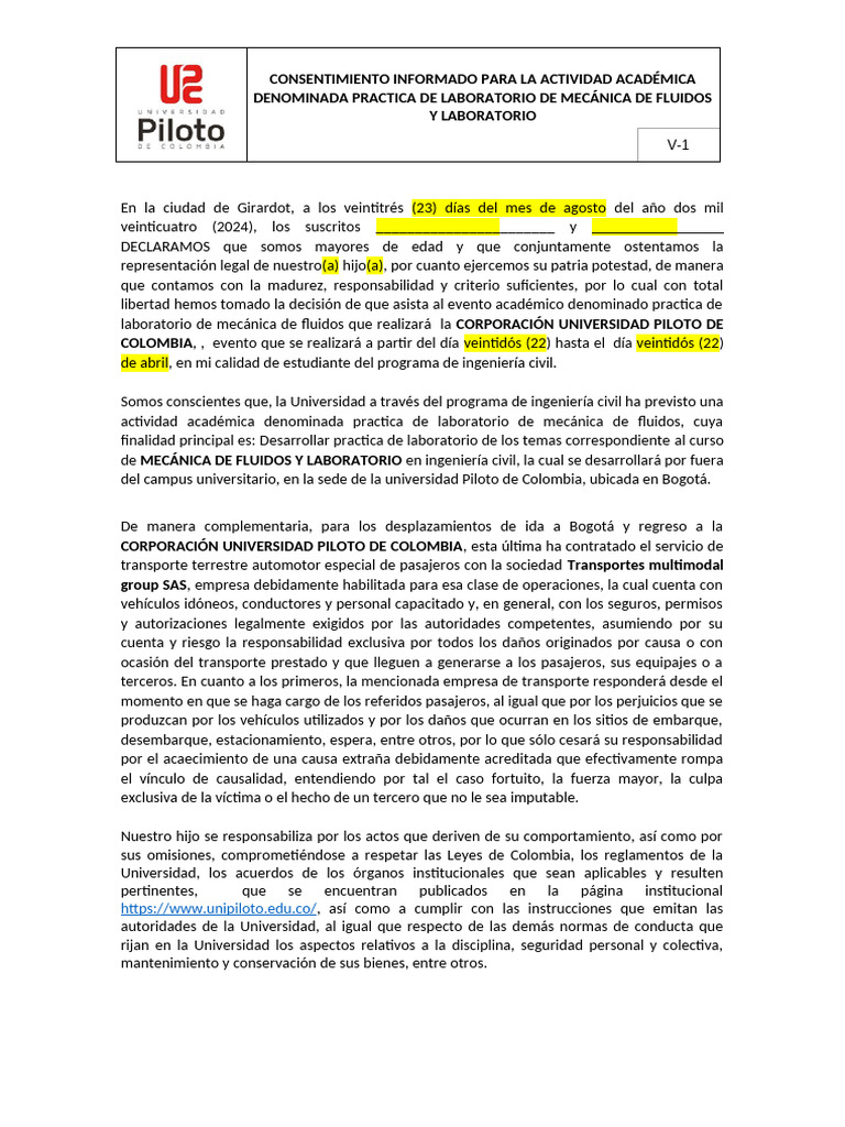 modelo consentimiento salidas con transporte_menor de edad | PDF | Laboratorios | Electrónica