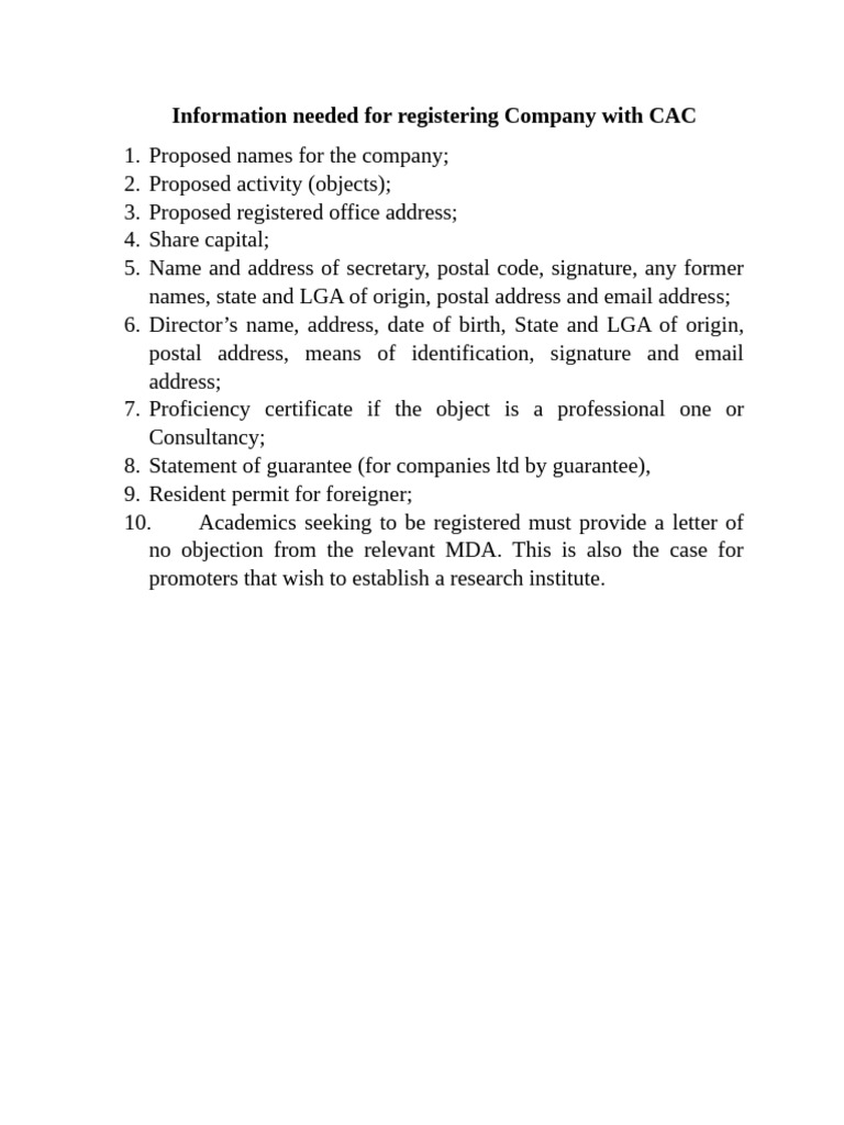 CAC Company Registration Requirements | PDF