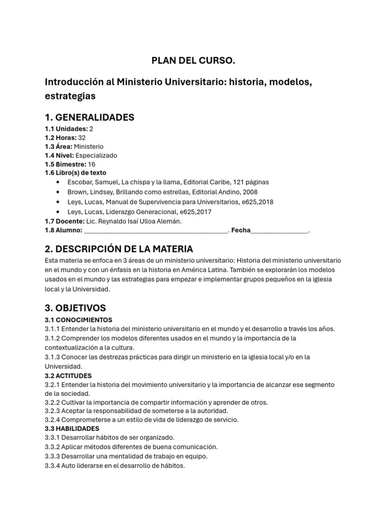 Plan de Curso Introducción Al Ministerio Universitario | PDF | Crecimiento personal y profesional