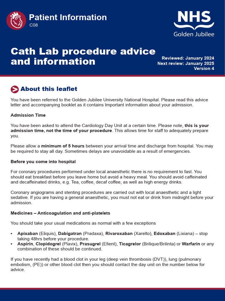 Cath_Lab_procedure_advice_and_information_v4 | PDF | Medicine ...