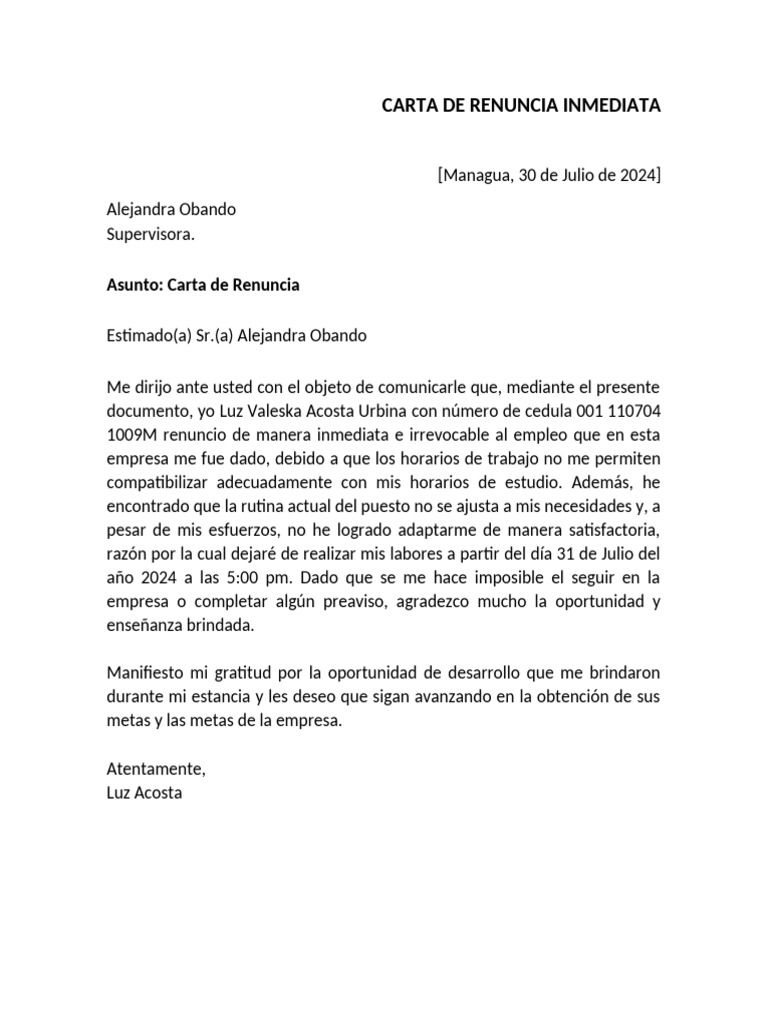 Carta de Renuncia Inmediata-1 | PDF