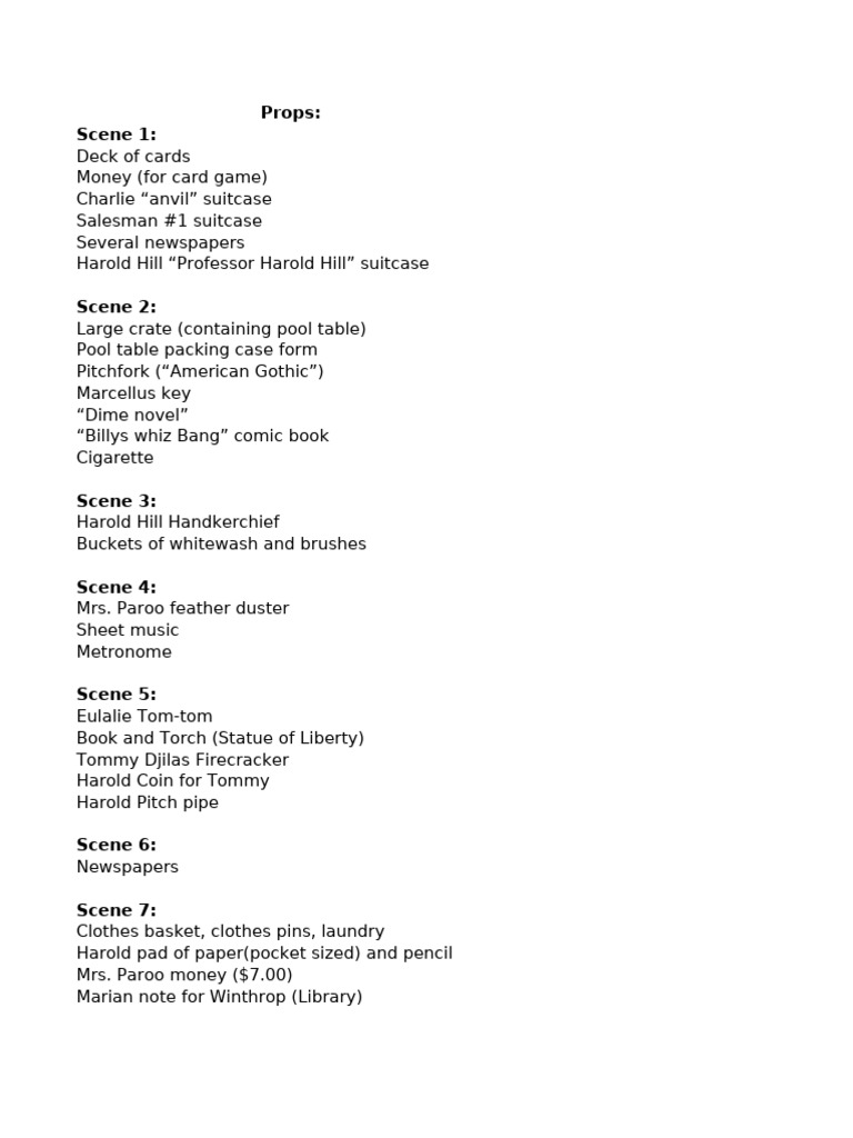 The Music Man Props List | PDF | Clothing | Fashion