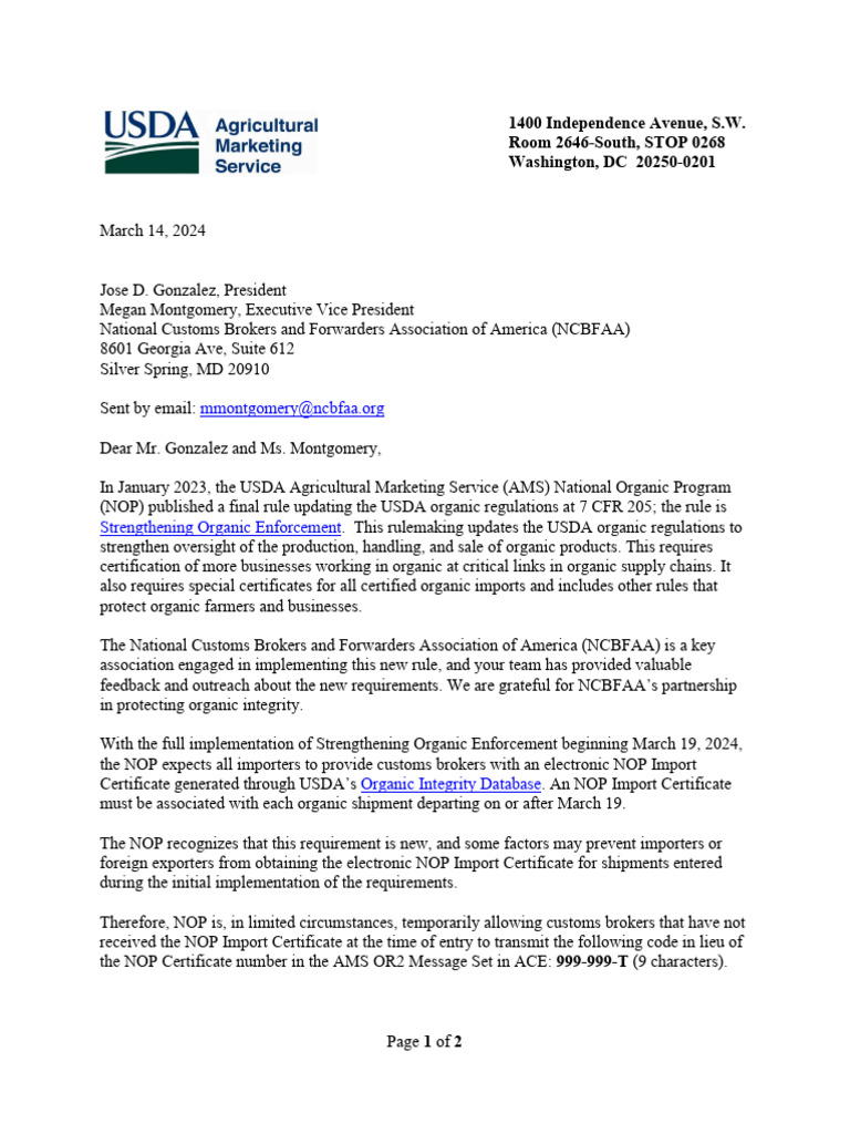 NOP Letter NCBFAA 03142024 | PDF