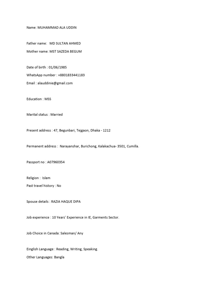 Ala Uddin Information For Canada | PDF